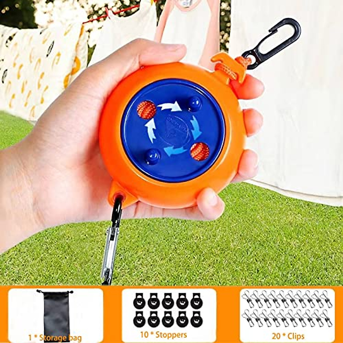 QeeHeng Camping Retractable Clothesline,Adjustable 26ft Camping Clothesline,with 20 Windproof Clothespins,10 Stoppers