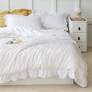 SOUKECHY White Ruffled Bedding-2 Pieces Twin Seersucker Duvet Cover Textured Stripe Style, Soft Lightweight, Washed Microfiber, Zipper Closure and Ties