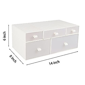 EYMPEU Stackable Drawers 5 Set White for Home Office and Desktop Storage, Frosted Plastic Makeup Storage and Bathroom Organizers, Mixed Sizes Combination