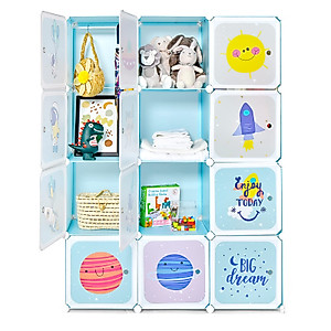 INFANS Children Wardrobe, Kid Closet Portable Baby Dresser Cute for Kids Bedroom Nursery Armoire with Doors 12 Cube 2 Hanging Sections, Kid Clothes Storage Organizer (Blue, 12 Cubes)