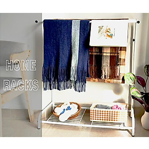 VSUINGO Freestanding Towel Rack, 32" L x 37.8" H for Oversized Bath Towels, Hand Towels Stand, Adjustable Height, 3-Tier Clothes Drying Holder with Storage Shelf for Bathroom, Aisle, Pool (White)