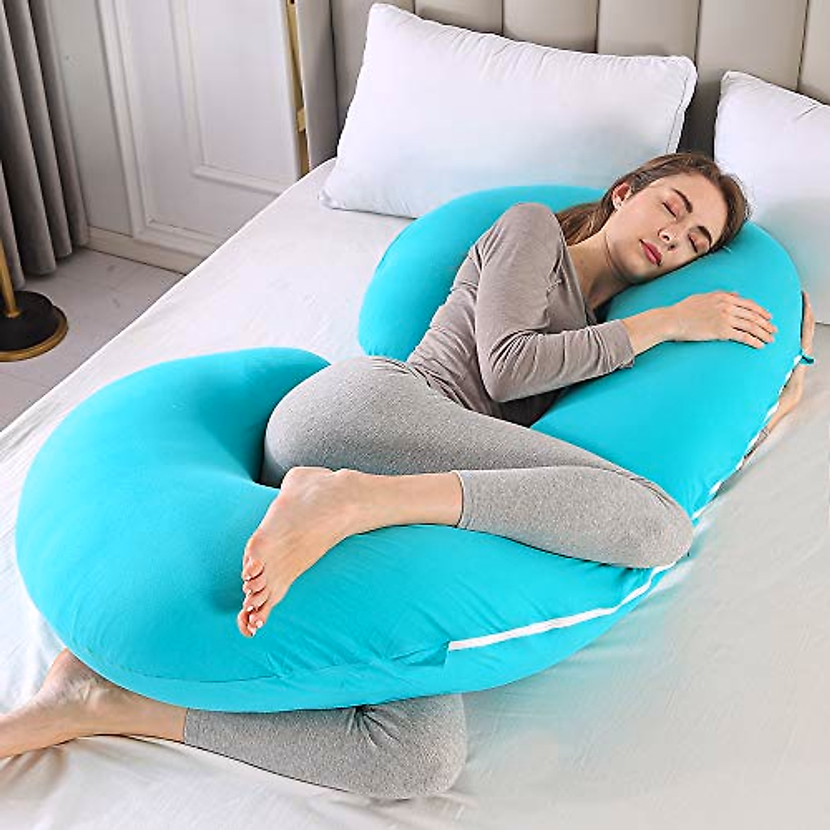 CDEN Pregnancy Pillow, C Shaped Full Body Pillow 52", Maternity Pillow Support for Back, Legs, Neck, HIPS for Pregnant Women with Removable Washable Jersey Cover(Lakeblue)