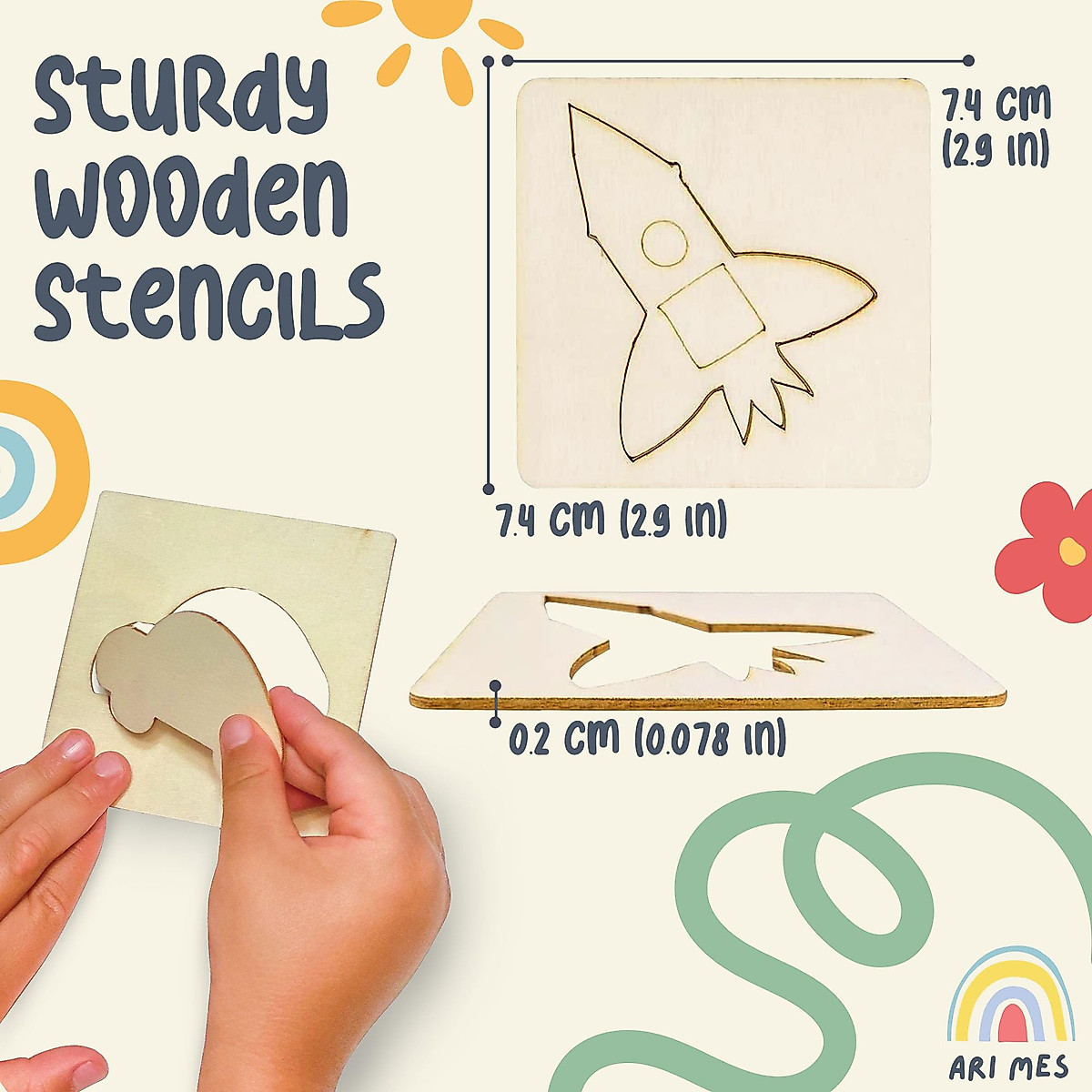 ARI MES - Wooden Stencils Drawing Kit for Kids, 50-Piece Art Stencils with Animal and Shape Stencils, Drawing Stencils, Complete Stencil Art Kit with Notebook, Markers & Bag, Stencils for Crafts