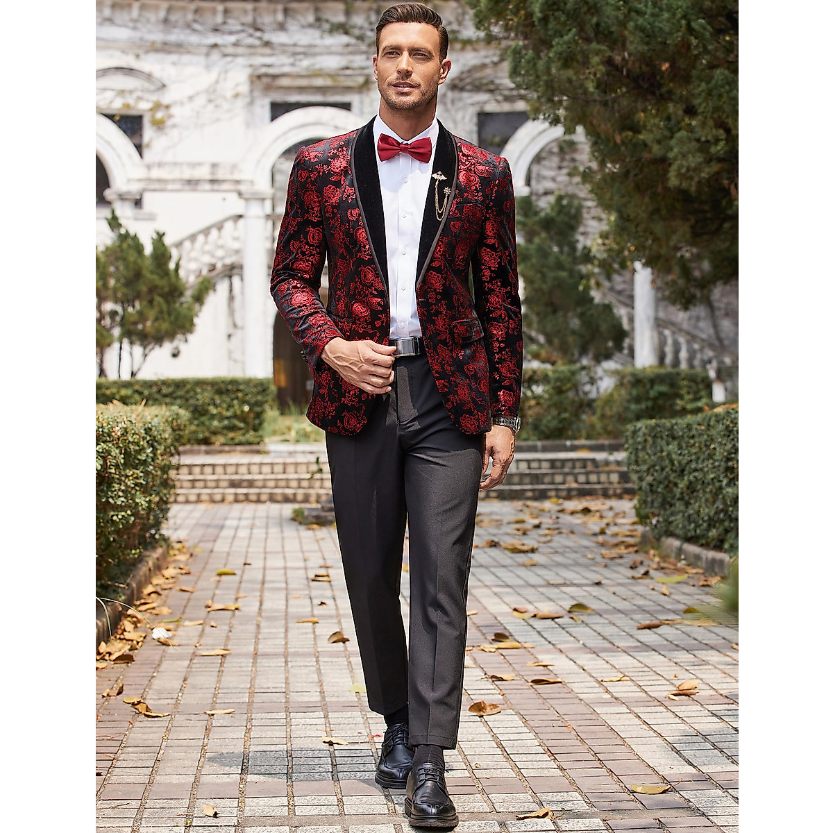 COOFANDY Mens Floral Tuxedo Jacket Regular Fit Velvet Blazer Red Wedding Party Prom Suits Jacket