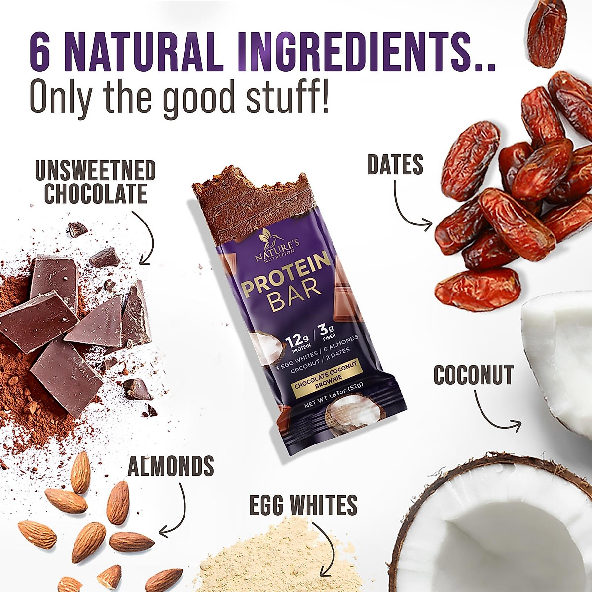 Chocolate Brownie Protein Bars - High Protein Snacks to Support Energy & Replace Meals - Snack Size Chocolate Coconut Bars by Natures Nutrition - 1.83 oz (Pack of 12)