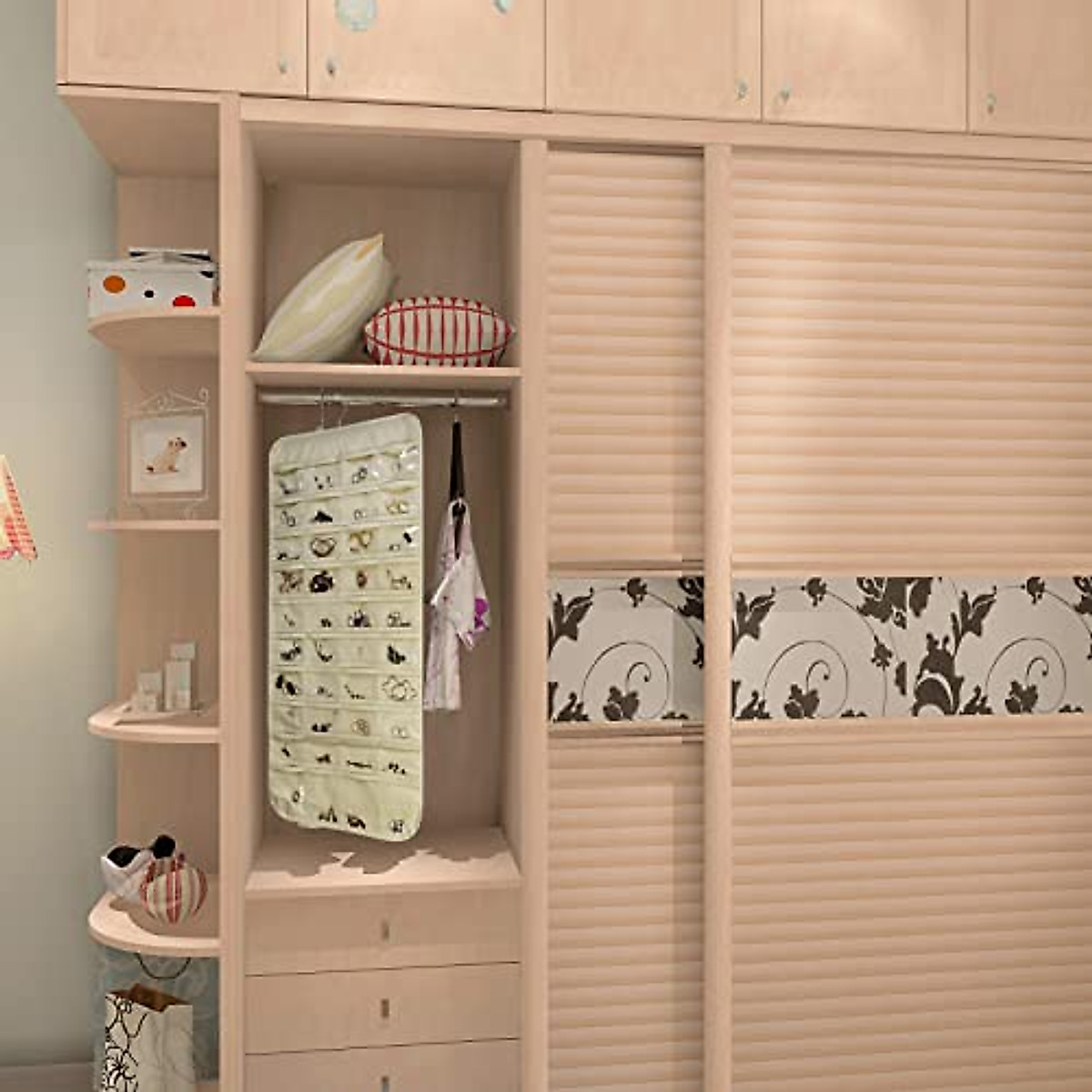 WIFTREY 2 Pack Hanging Jewelry Organizer with 80 Pockets,Double Sided Closet Earring Storage for Necklace Bracelet with Hanger,Beige