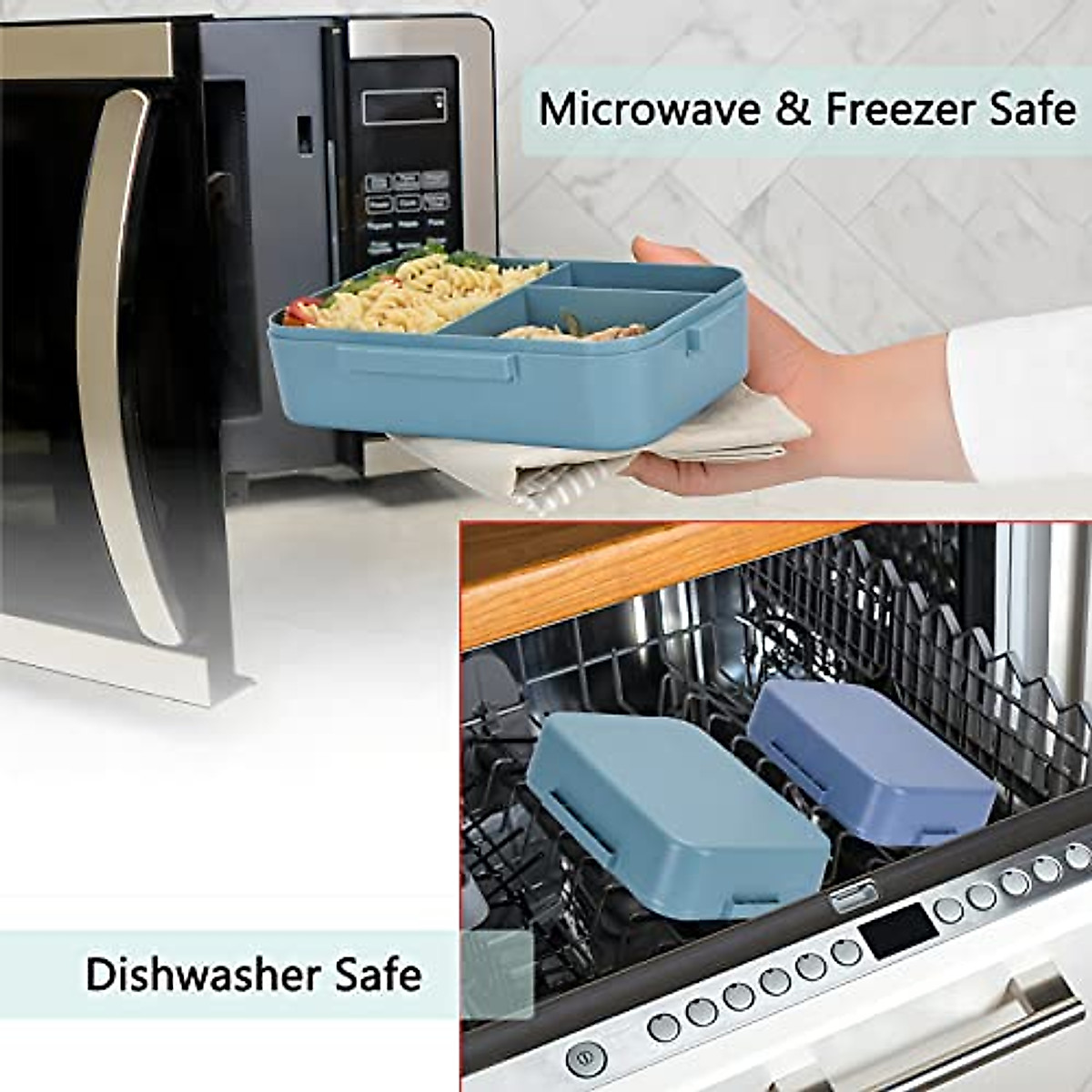 Versatile Spill Proof Bento Box, 2045ml Wheat Straw Lunch Bento Box 5-Compartment Lunch Container +Utensil Case Set, Unbreakable BPA-Free Lunch Box, Easy Open for School, Work, Picnic -Green