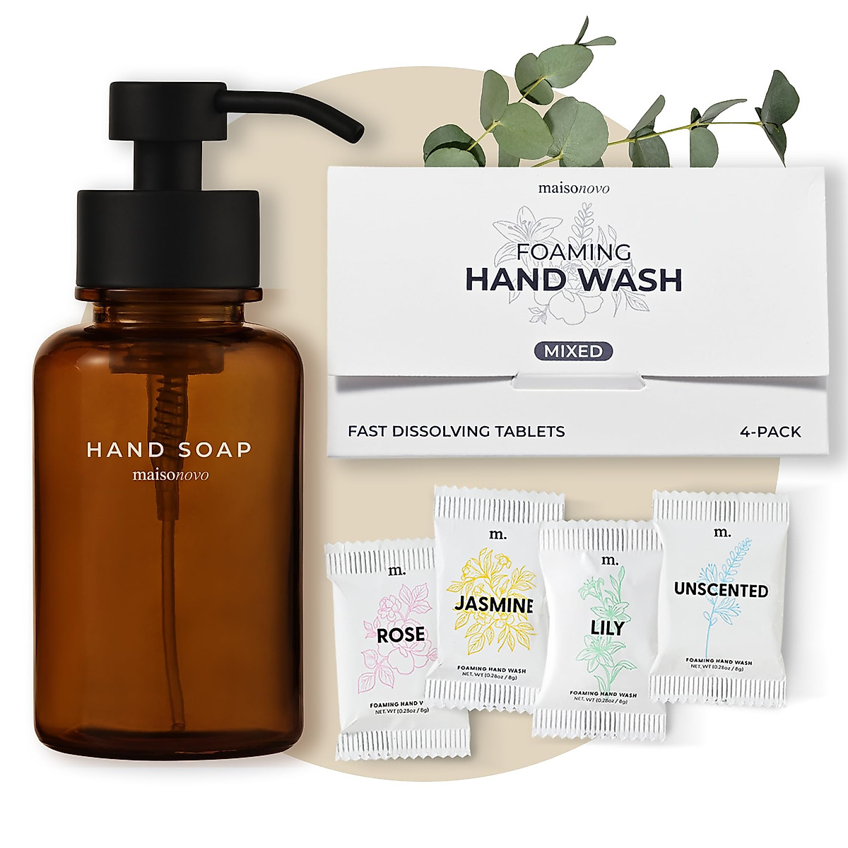 MaisoNovo 14 oz Amber Glass Foaming Soap Dispenser with Black Pump + Mixed 4 Pack Foaming Hand Soap Refill Tablets