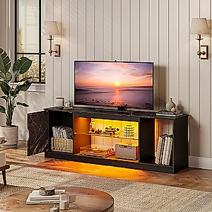 Bestier LED TV Stand for PS5,Modern Gaming Entertainment Center with Cabinet for 60/65 Inch TV,Easily Assemble TV Corner Console with Adjustable Glass Shelf for Living Room Bedroom Black Marble