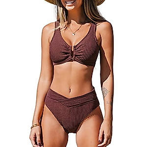 CUPSHE Bikini Set for Women Two Piece Swimsuits High Waisted Ribbed V-Wire Bralette Wide Straps Back Hook Cheeky Bottom Red Brown, S