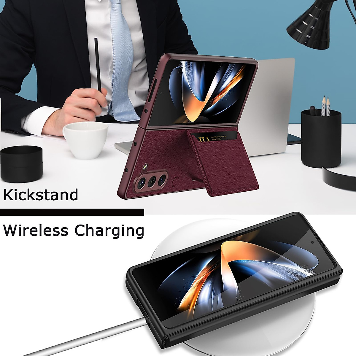 NINKI Compatible Samsung Galaxy Z Fold 5 Case with Card Holder & Kickstand,Wine Red Shockproof Leather Storage Cases Wallet Credit Card Slot Cover Phone Case for Samsung Galaxy Z Fold 5 5G Case Women