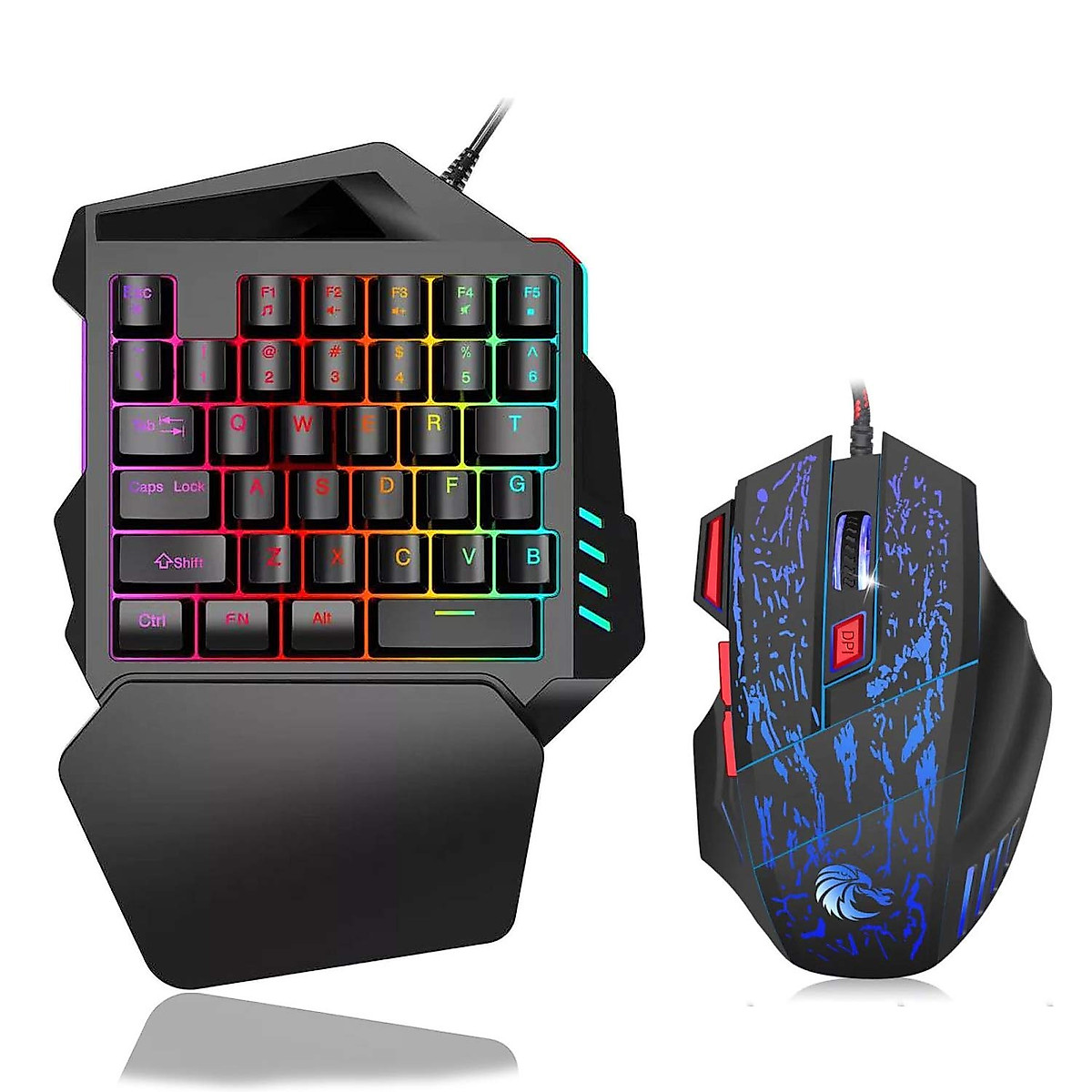 MoModer One Hand Gaming Keyboard and Mouse Combo, 35 Keys Wired Mechanical Feel Rainbow Backlit Gaming Keyboard with Gaming Mouse for PC PS4 Xbox Gamer