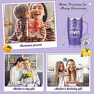 Lallisa Best Mom Ever Christmas Gifts from Daughter Stainless Steel Insulated Travel Tumbler with Straw and Mother's Day Keychain 16 oz Coffee Mug Cup Mother's Day Birthday Gift Set (Purple)