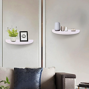 ZELURA Small Floating Plant Shelves Set of 2 - Rustic Wood Half Circle Shelves for Bedroom Living Room Bathroom Kitchen Office (White)