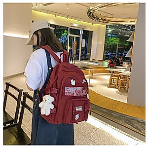 Aoakva Kawaii Solid Color Backpack Trendy Travel Bag with Cute Bear Pendant (Black pendant)