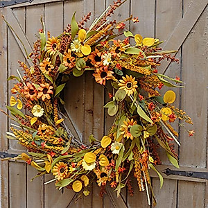 idyllic 20 Inches Harvest Wreath, Yellow and Orange Daisies Flowers, Ear of Wheat, Green and Spring Leaves Wreath for Front Door