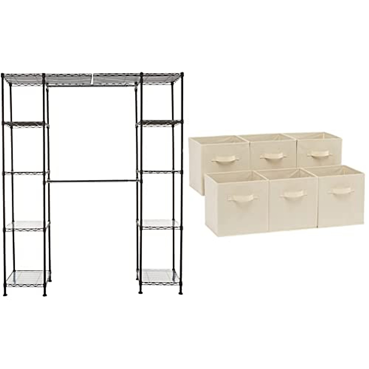 Amazon Basics Expandable Metal Hanging Storage Organizer Rack Wardrobe with Shelves, 14"-63" x 58"-72", Bronze & Collapsible Fabric Storage Cubes Organizer with Handles, Beige - Pack of 6