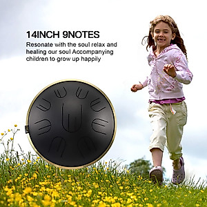 AS TEMAN Steel Tongue Drum 14inche 9Notes handpan in D Amara Percussion Instrument-tank drum-Hank drum,suitable for Meditation Entertainment Musical Education Mind Healing Yoga(Black)