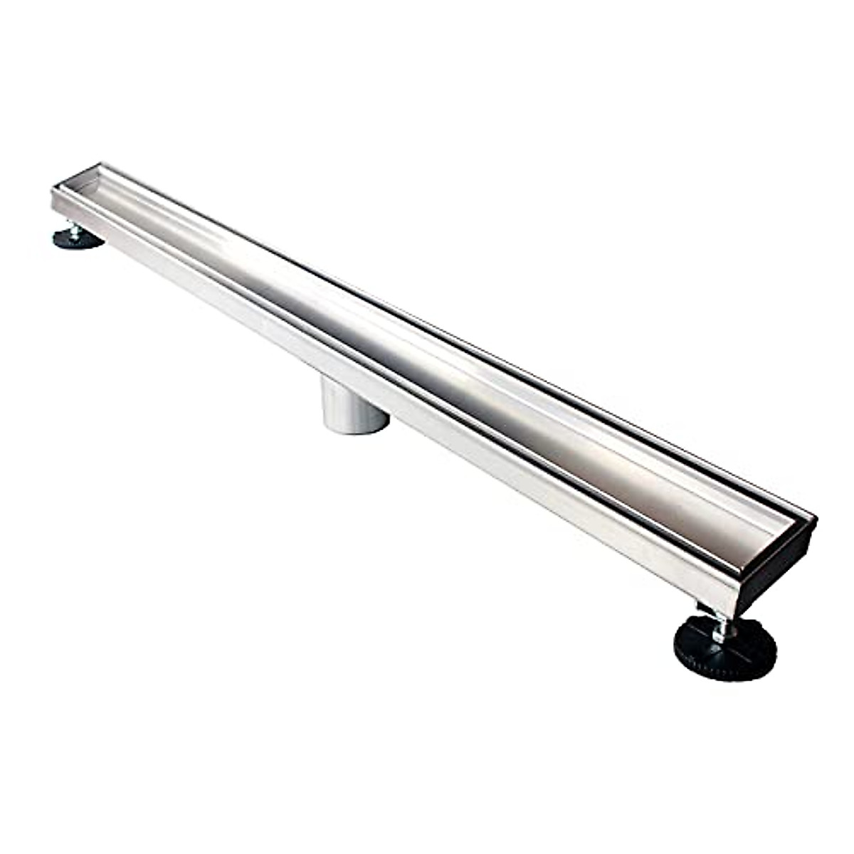 Novalinea - 54 Inch Linear Shower Drain with Tile Insert Grate, Includes Hair Strainer and Leveling Feet, 2 Inch Center Outlet, 304 Stainless Steel