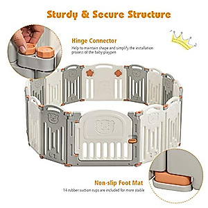 Costzon Baby Playpen, 16-Panel Foldable Baby Fence w/Locking Gate, Non-Slip Rubber Bases, Adjustable Shape, Portable Baby Play Yards Design for Indoor Outdoor Use (Beige + Gray, 16-Panel)