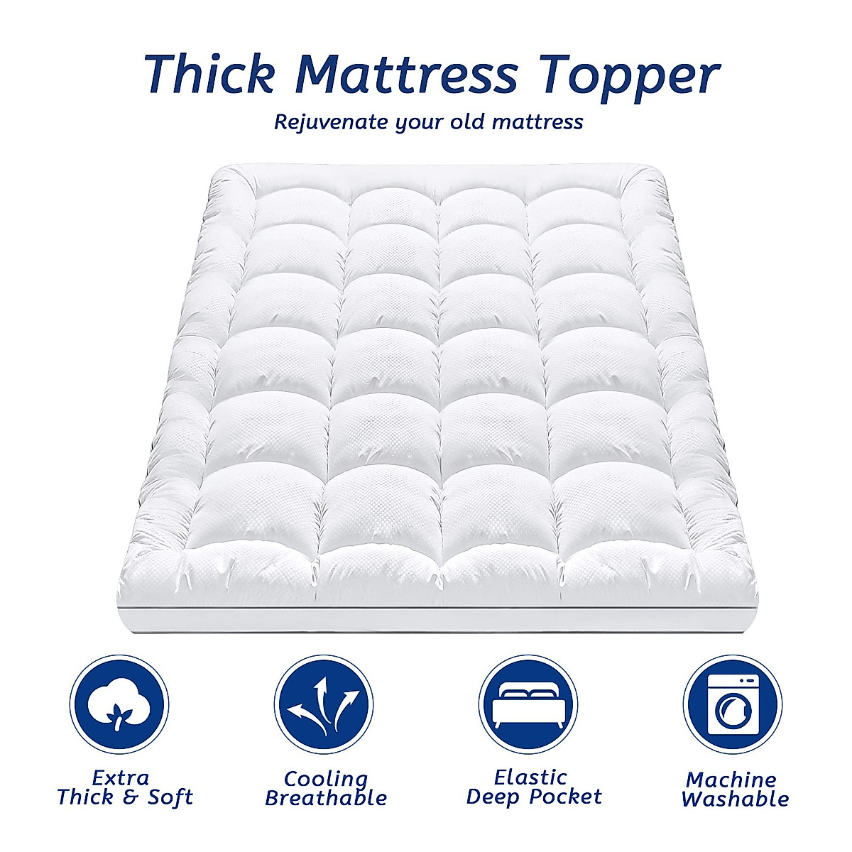 King Size Mattress Topper for Back Pain, Cooling Extra Thick Mattress Pad Cover with 8-21 inch Deep Pocket, Plush Pillow Top Mattress Topper Overfilled with Down Alternative, King Size, White