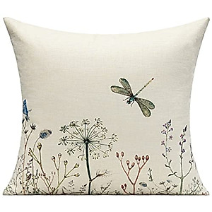 Outdoor Spring Flowers Throw Pillow Covers Patio furniture Bee Butterfly Dragonfly Boho Decorative Cushion Cases Garden Herb Ladybug Dandelion Decoration for Bench Porch Couch 16x16 Inches Set of 4
