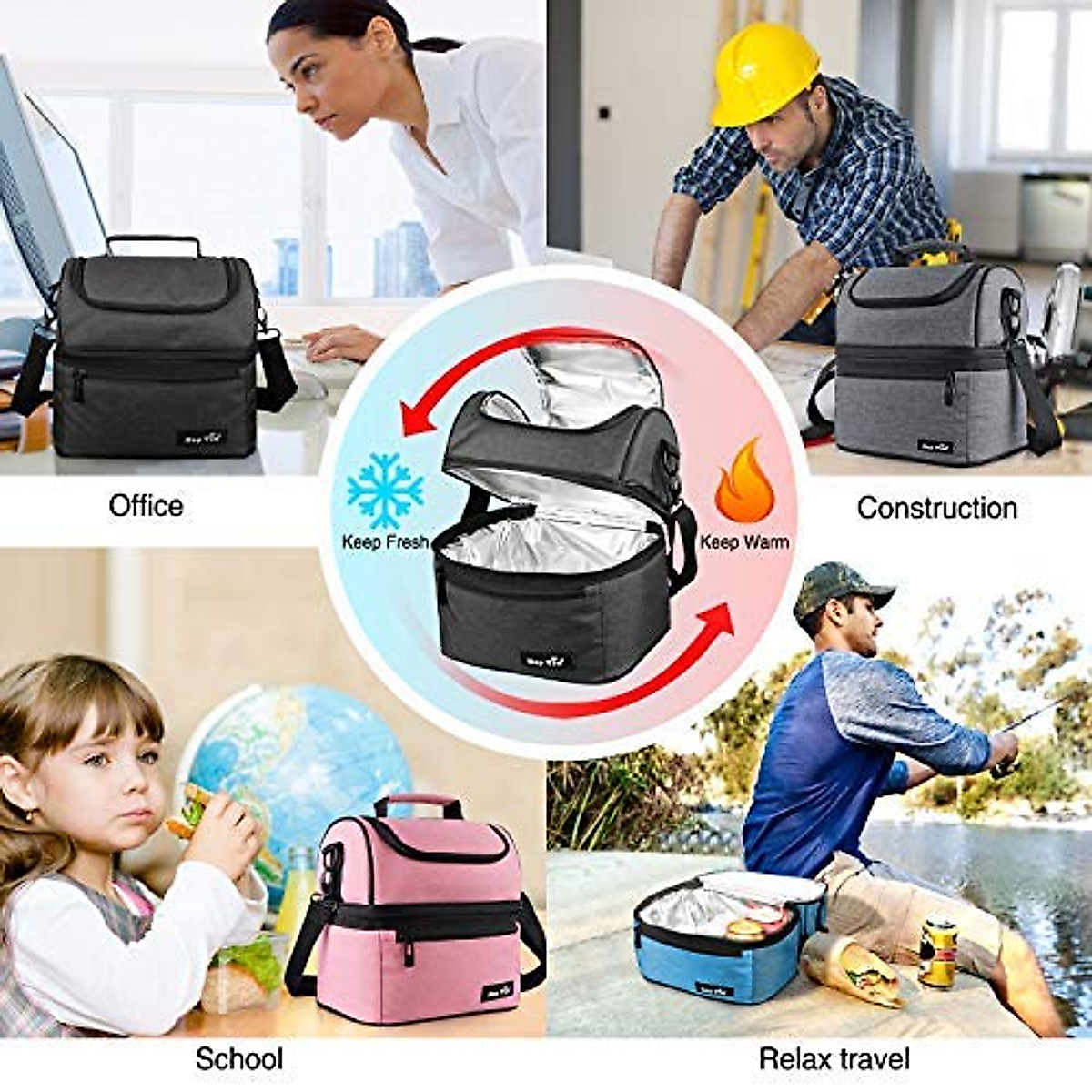 Hap Tim Lunch Box Insulated Lunch Bag Medium Size Cooler Tote Bag for Adult,Men,Women, Double Deck Cooler for Office/Picnic/Travel/Camping(16040-DG)