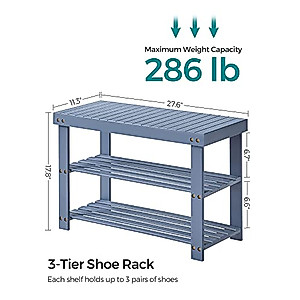 SONGMICS Shoe Rack Bench, 3-Tier Bamboo Shoe Storage Organizer, Entryway Bench, Holds Up to 286 lb, for Entryway Bathroom Bedroom, Gray ULBS04GY