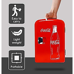 Coca-Cola Classic Coke Bottle 4L Mini Fridge w/ 12V DC and 110V AC Cords, 6 Can Portable Cooler, Personal Travel Refrigerator for Snacks Lunch Drinks Cosmetics, Desk Home Office Dorm, Red