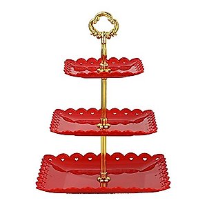 Red Square-Large 3 Tiered Serving Stand Tray Cake Stands Cupcake Holder Dessert Stand Table Decorations for Party Kids Birthday Tea Party Baby Shower