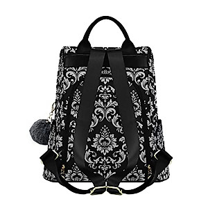 Dark Grey Baroque, Retro Damask Floral Pattern on Black Women Daypacks Ladies Backpack Purse Casual Shoulder Bag Knapsack College Schoolbag Sitting Rucksack Students Bookbag