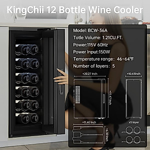 KingChii 12 Bottle Thermoelectric Wine Cooler Refrigerator Advanced Cooling Technology, Stainless Steel & Tempered Glass For Red Wine, Champagne for Home, Kitchen, or Office
