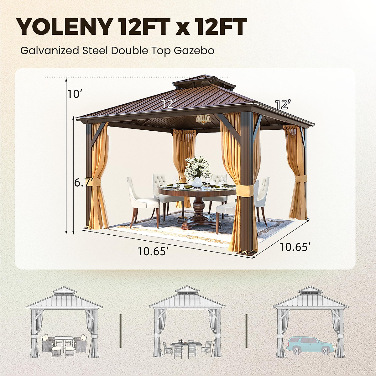 YOLENY 12' x 12' Gazebo, Hardtop Gazebo with Aluminum Frame, Double Galvanized Steel Roof, Curtains and Netting Included, Metal Gazebos Pergolas for Patios, Garden, Lawns, Parties