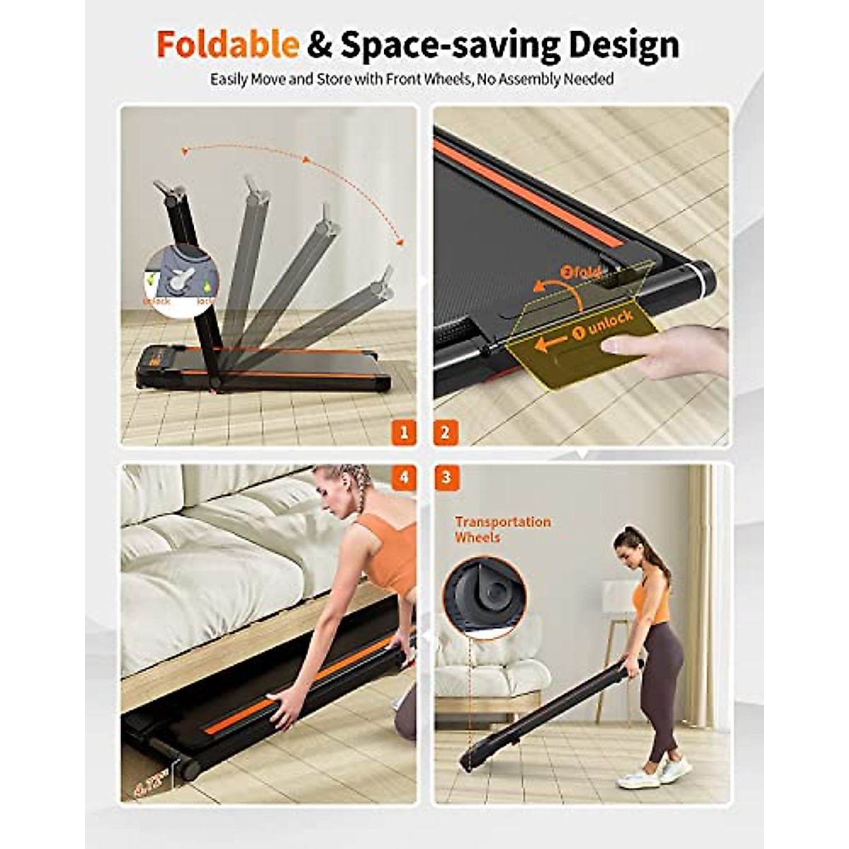 THERUN 2.5HP Treadmill, 2 in 1 Under Desk Walking Pad Treadmill, Electric Compact Space Folding Treadmill for Home Office with LED Touch Screen 0.6-7.6MPH Wider Running Belt, No Assembly Needed