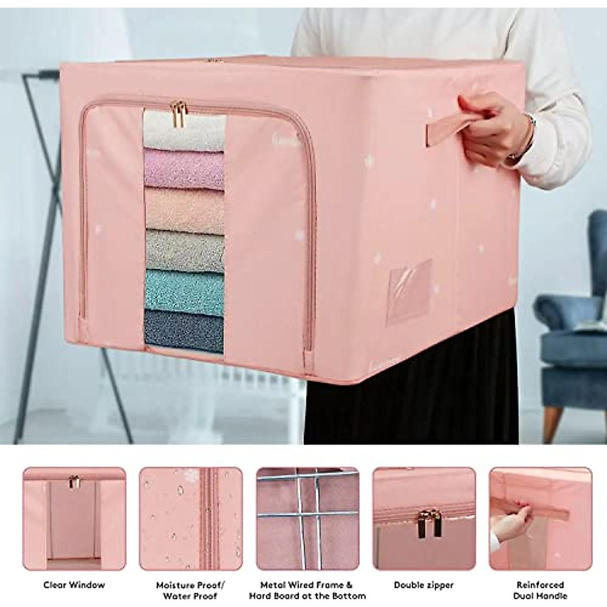 Clothes Storage Bag Organizer,2 Packs 19.7" x 15.7" x 12.9" Large Capacity Clear Window Fabric Storage Bins with Dual Handles for Bedroom, Nursery, Office, Furniture Units,Foldable with Sturdy Zipper(Pink,66L)