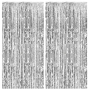 2 Pack Foil Curtain Backdrop Silver Metallic Tinsel Foil Fringe Curtains Photo Booth Props for Birthday Wedding Engagement Baby Shower Bachelorette Christmas Holiday Celebration Party Decorations