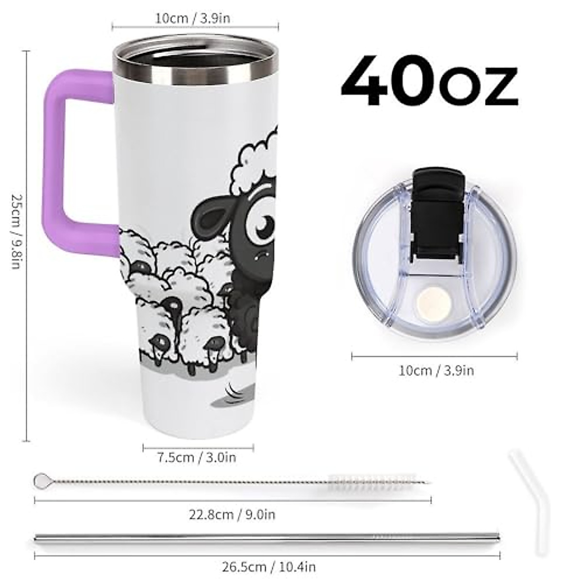 LLUTSNTH 40 Oz Vacuum Tumbler with Violet Handle Leakproof Insulated Tumbler Cartoon Black White Sheep Stainless Steel Travel Mug with Lid And Straw Coffee Cup Cute Water Bottles Cup Holder Friendly