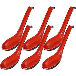 Chef Miso Set of Six Red and Black Large Japanese Soup Spoons