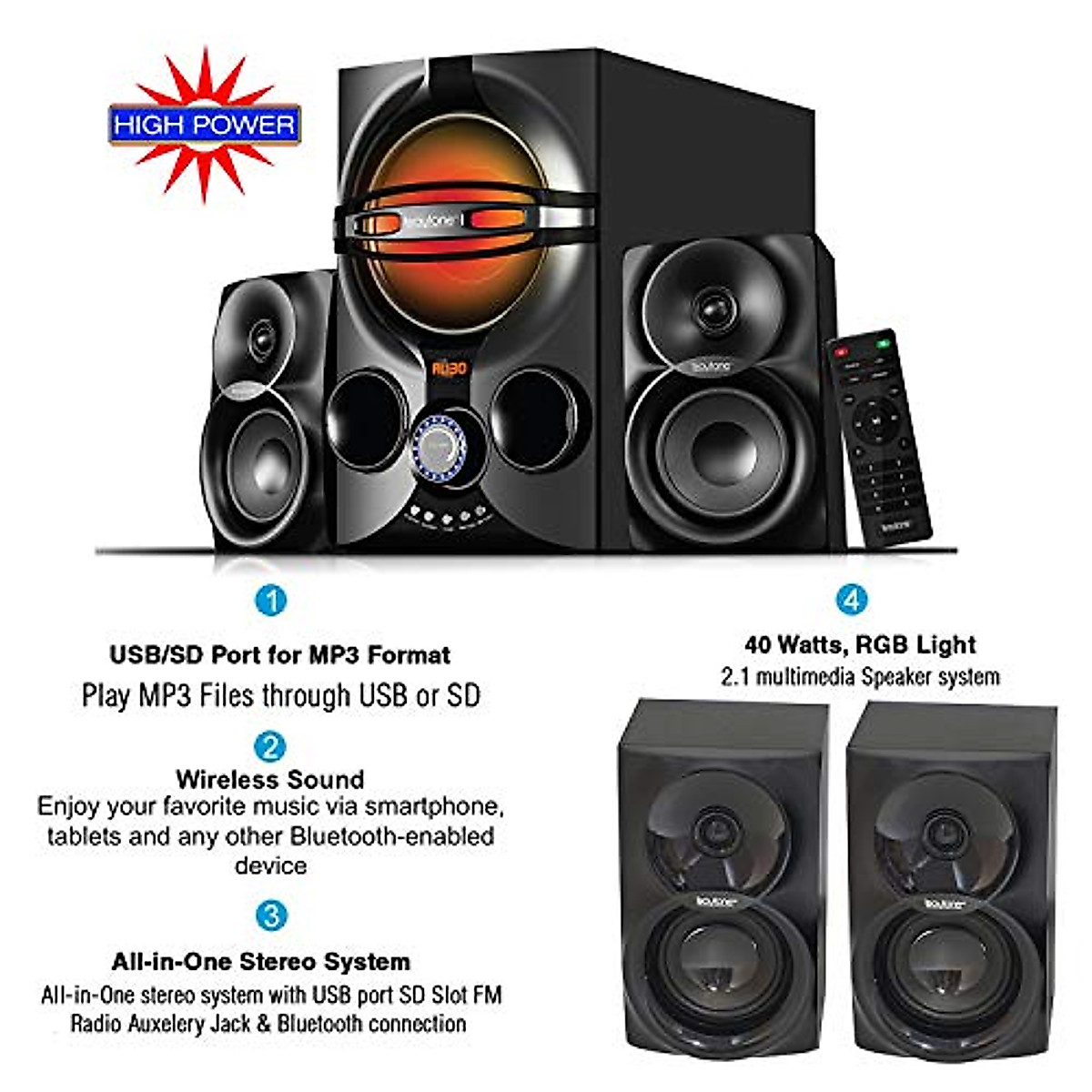 Boytone BT-424FN, 2.1 Multimedia Bluetooth Speaker System Powerful Shelf Stereo Wired Systems, FM, SD Slot, USB Port, MP3 Format, 40 Watts, Reactive LED Light, Remote Control, for Smartphone, Tablet