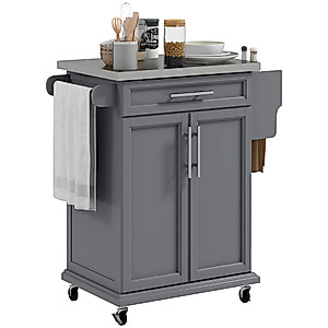 HOMCOM Kitchen Island on Wheels, Rolling Kitchen Cart with Stainless Steel Countertop, Drawer, Towel Rack and Spice Rack, Utility Storage Trolley, Gray