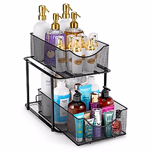 Sorbus 2 Tier Under the Sink Organizer Baskets with Mesh Sliding Drawers —Ideal for Cabinet, Countertop, Pantry, and Desktop, for Bathroom, Kitchen, Office, etc.—Made of Steel (Black)
