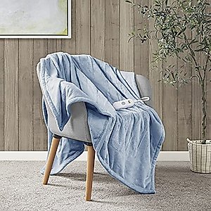 Serta Luxuriously Soft Plush Electric Blanket Fast Heating Cozy Cover, Safety Auto Shut Off Timer, Low EMF, Multi Heat Setting, ETL Certified, Machine Washable, Sea Blue Throw (50 in x 60 in)