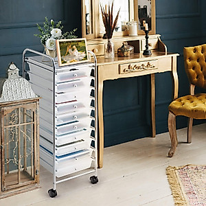 GOFLAME Rolling Drawer Cart with 10 Drawers, Utility Storage Organizer Cart with Wheels and Metal Frame, Art Cart for Office, School, Home, Clear