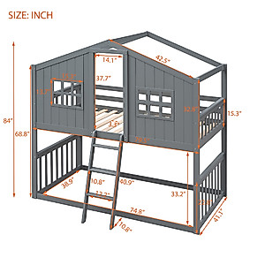 Yehha Twin Over Twin House Bunk Bed for Kids, Heavy Duty Wooden Bed w Roof and Windows, 75° Inclined Ladder, Guard Rails for Girls Boys Bedroom, Gray
