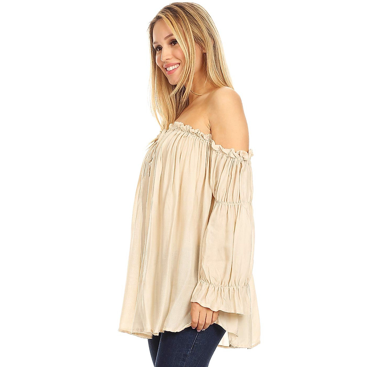 Anna-Kaci Womens Semi Sheer Boho Peasant Long Sleeve Off The Shoulder Top, Beige, XX-Large