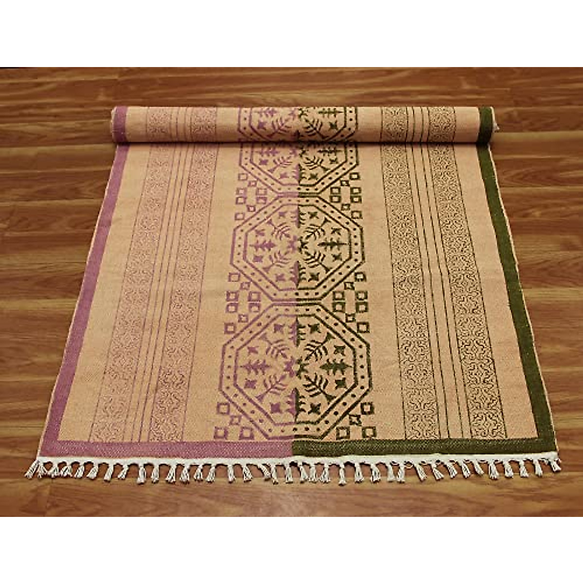 Casavani Hand Block Printed Rug Geometric Green & Pink Tassel Rug Boho Area Rug Easy Care Washable Rugs for Doormat Entryway Living Room Bedroom Hallway Balcony 4x10 Feet Runner