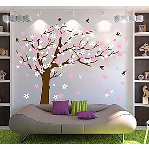 AIYANG Large Cherry Tree Wall Decals White Pink Cherry Blossom Flower Tree Branch Wall Stickers Baby Nursery Bedroom Living Room Decoration (Brown)
