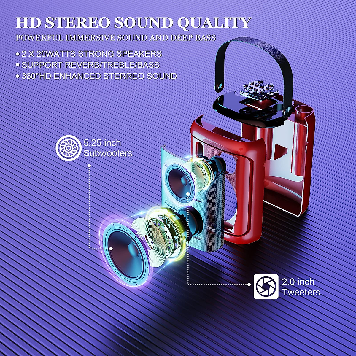 Karaoke Machine with 2 UHF Wireless Microphones, Karaoke Machine for Adults and Kids, Bluetooth Karaoke Speaker with PA System&Vocal Cut,Supports for BT/AUX/USB/SD for TV, Party, Travel, Birthday