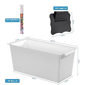 Plastic Storage Bins 6 Pack with Clip Labels & Chalk Marker, Front Handle Design, 11"x5" Pantry Organization and Storage Open Top Baskets for Shelves Closet Cabinet Sink Counter Cupboard Drawer Rridge