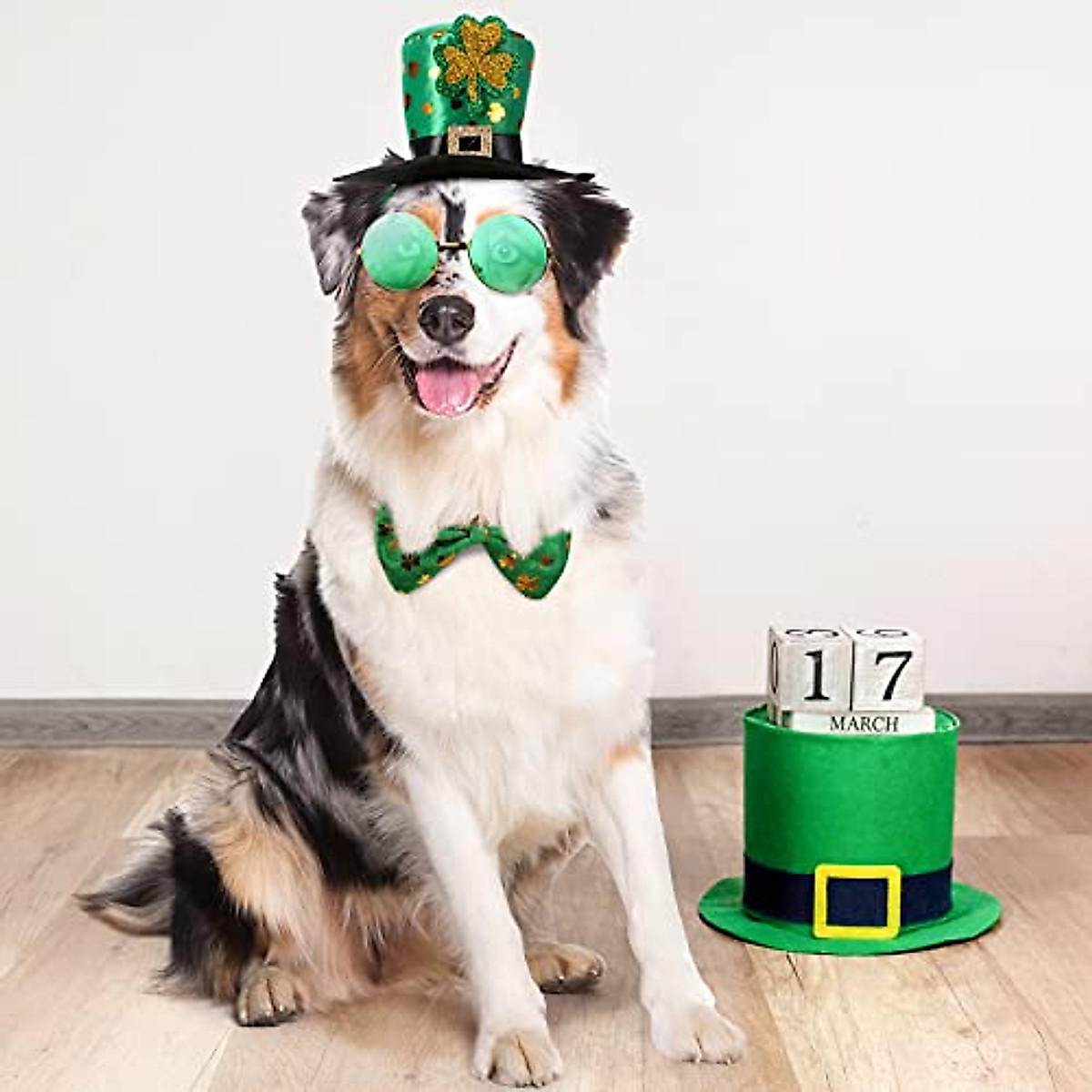3 Pcs St Patrick&#039;s Day Dog Costume, St. Patty&#039;s Day Doggie Headband Green Round PET Sunglasses and Green Shamrock Bow Tie Kit for Medium Large Dogs